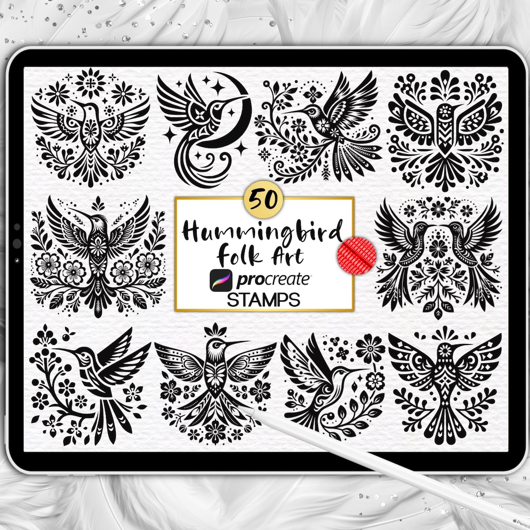 50 Hummingbird Procreate Stamps: Floral Scandinavian Folk Art (digital ...