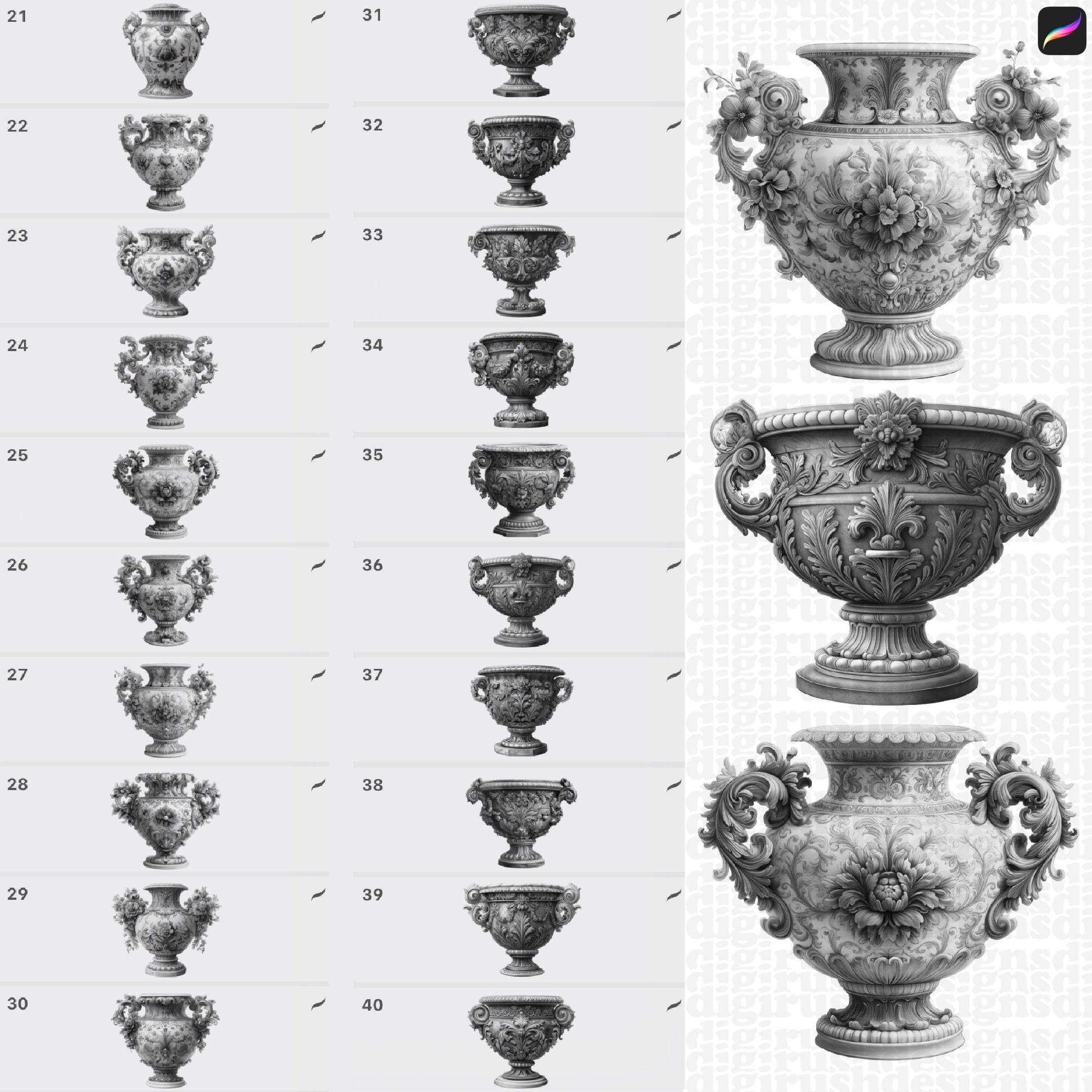 Renaissance Urn Vases Procreate Stamps, Ornate Baroque Brushes, Antique ...