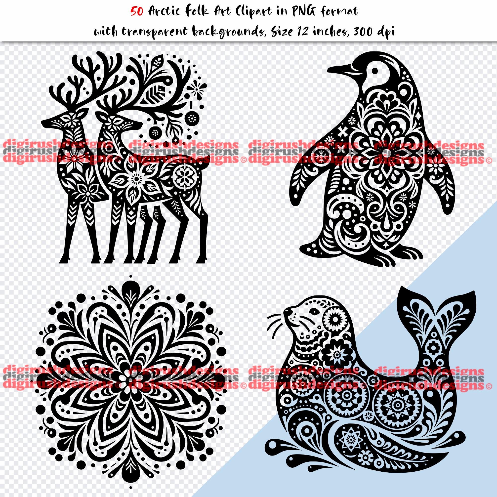 50 Nordic Folk Art Clipart: Arctic Animals PNG Overlays (digital ...