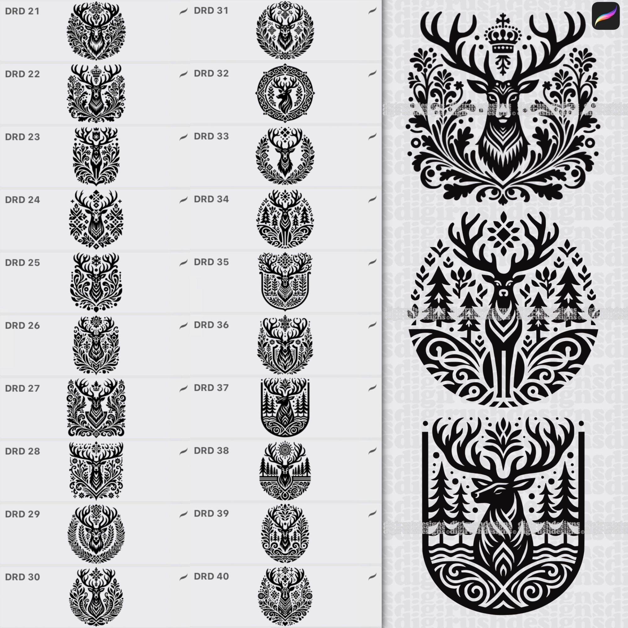 Stag Folk Art Procreate Stamps Scandinavian Stags Brushes Nordic Animal ...