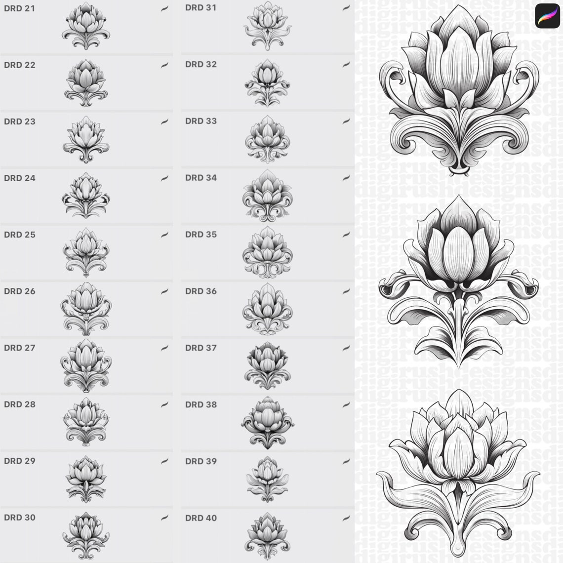 Procreate Baroque Flower Stamps, Lotus Flower Brush, Renaissance ...