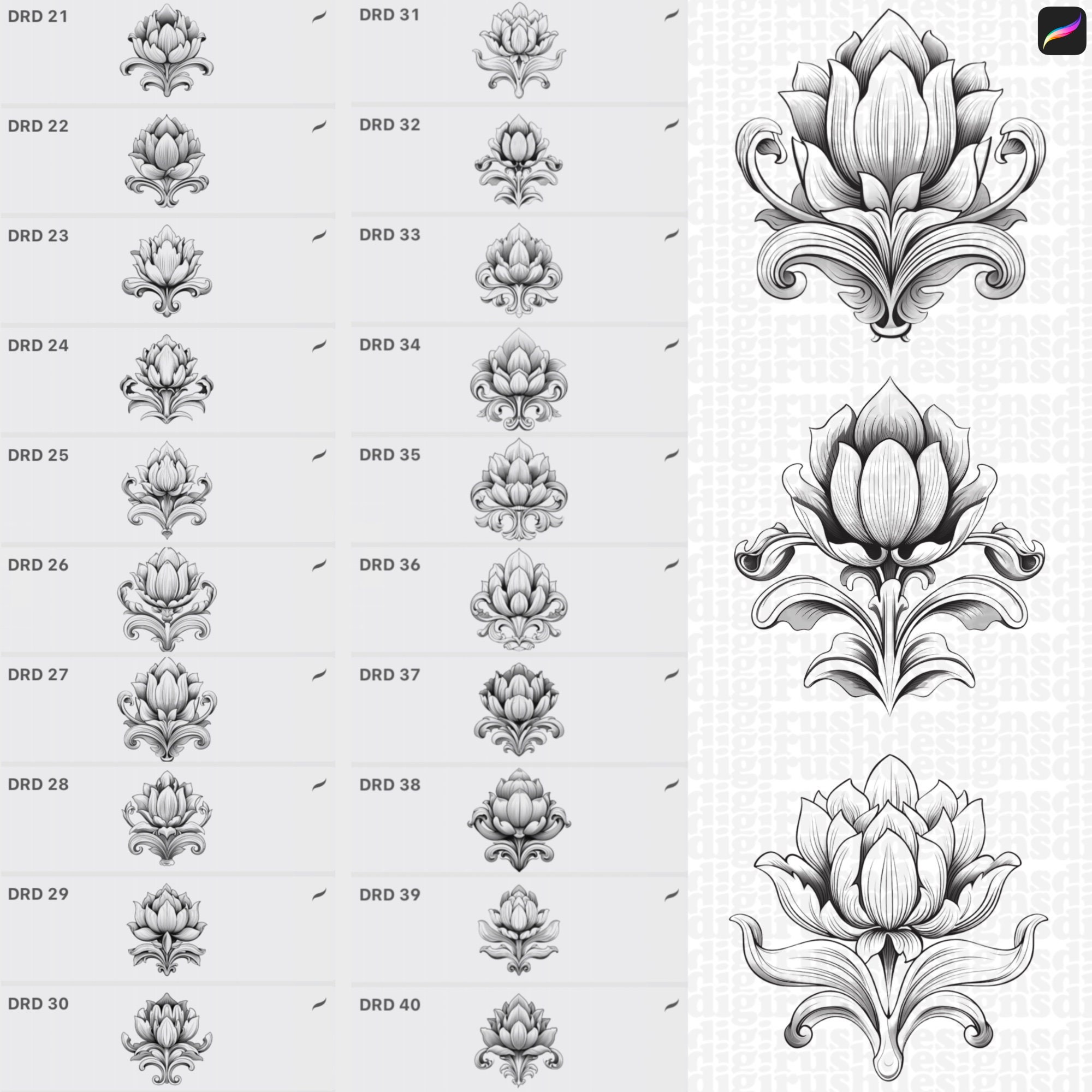 Procreate Baroque Flower Stamps, Lotus Flower Brush, Renaissance ...