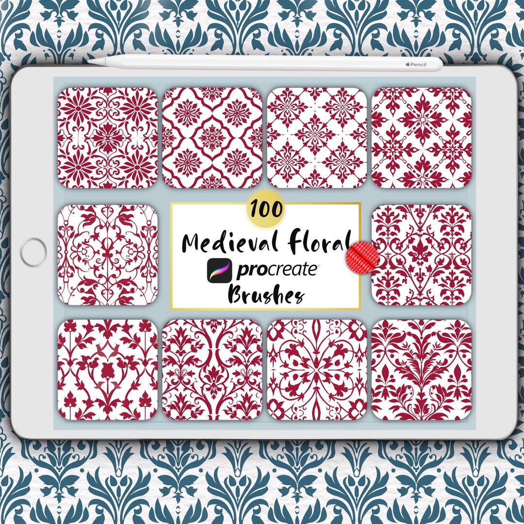 Medieval Floral Pattern Procreate Brushes, Seamless Vintage Flower ...