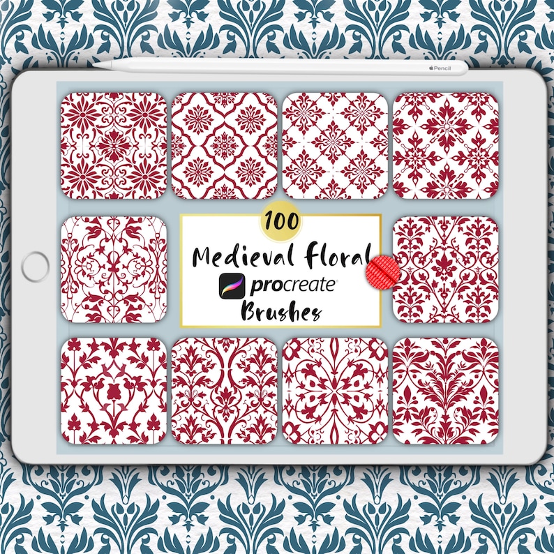 Medieval Floral Pattern Procreate Brushes, Seamless Vintage Flower ...