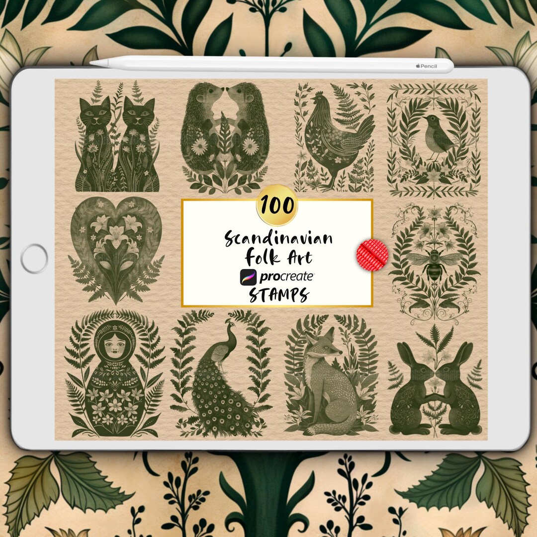 100 Scandinavian Folk Art Procreate Stamps: Nordic Floral Animals ...
