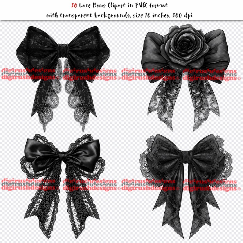 Black Lace Coquette Bows Clipart Bundle - 30 Gothic Victorian-inspired ...