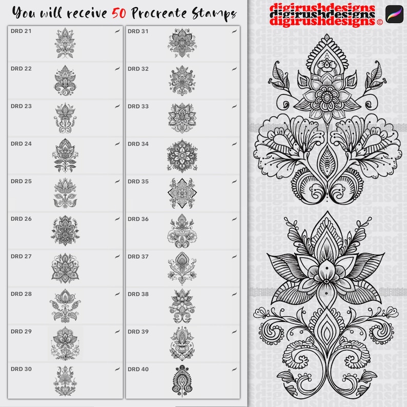 50 Mehndi Henna Tattoo Procreate Stamps: Indian Ornament (digital Brush ...
