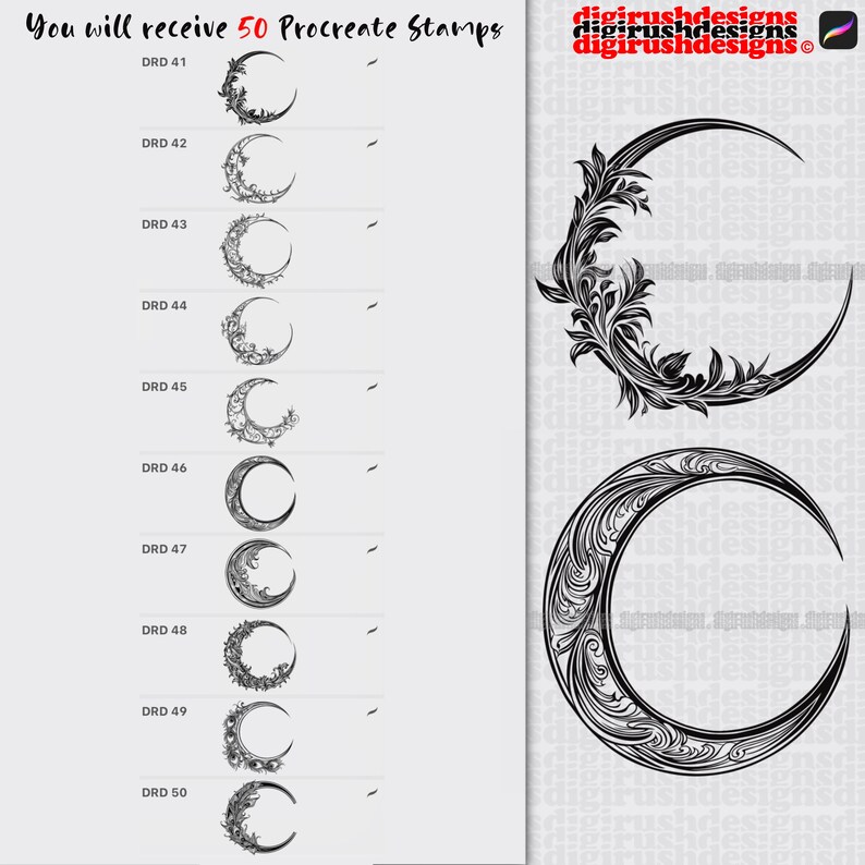50 Art Nouveau Moon Procreate Stamps, Floral Art Deco (digital Download ...