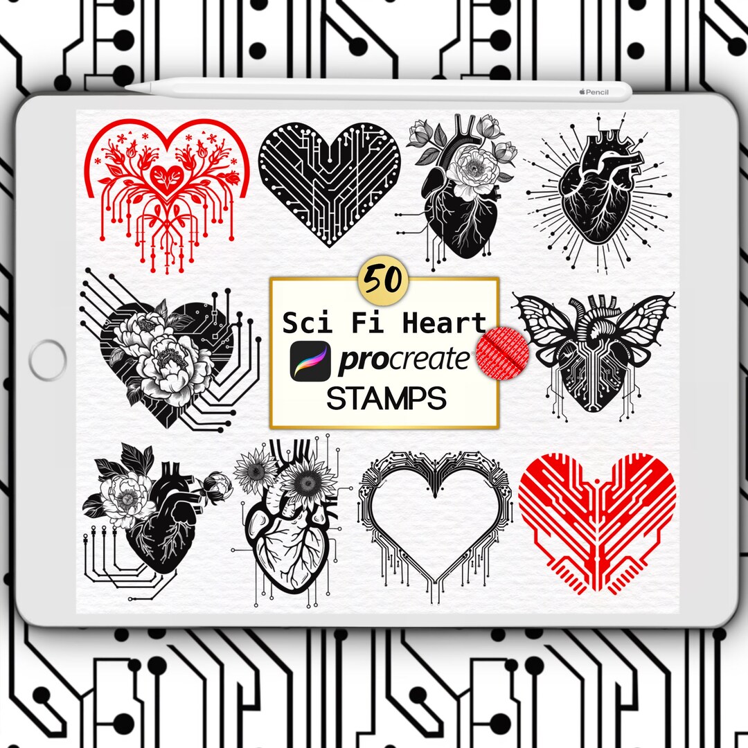 Sci Fi Heart Procreate Stamps Futuristic Circuit Board Style Heart ...