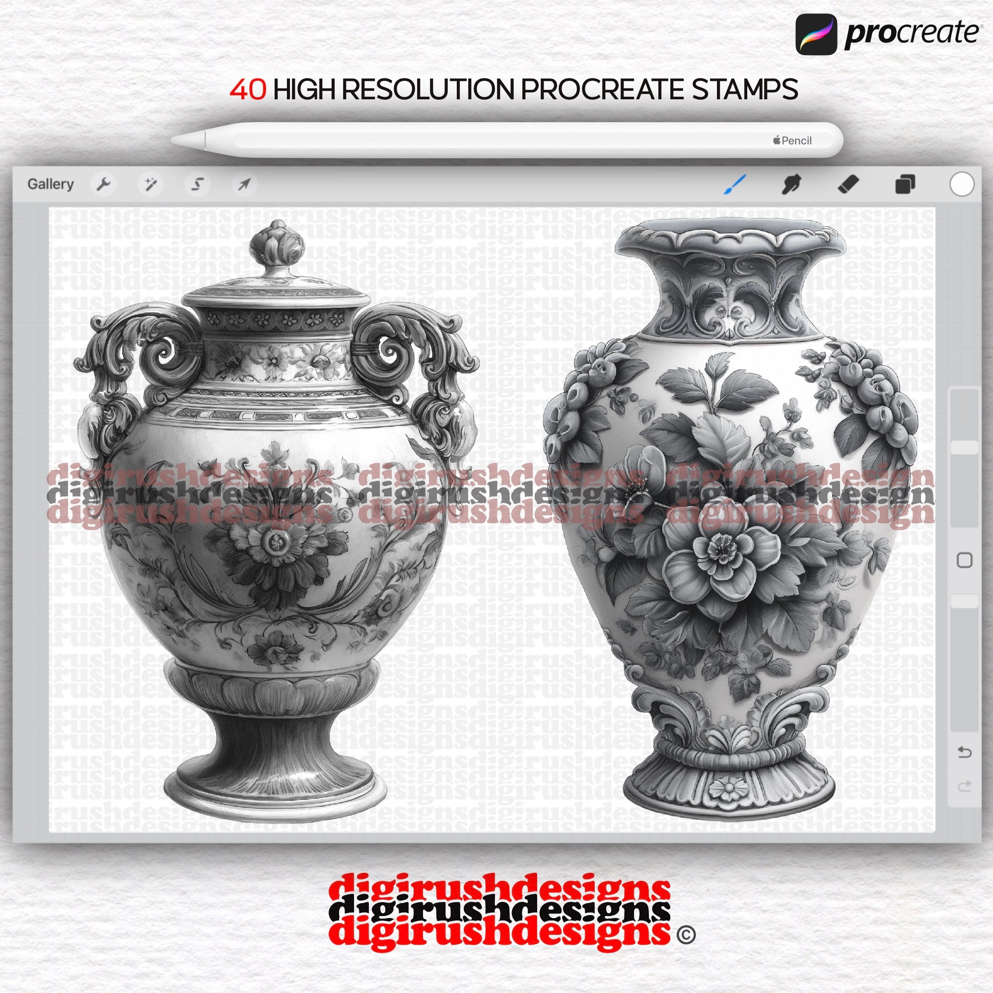 Renaissance Urn Vases Procreate Stamps, Ornate Baroque Brushes, Antique ...