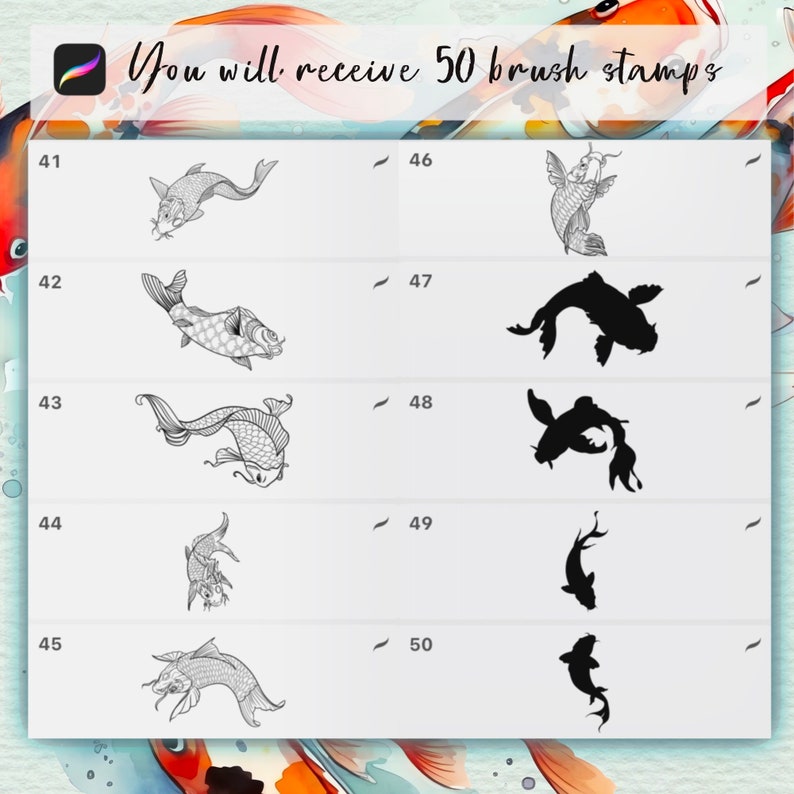 Koi Fish Procreate Stamps, Japanese Carp Fish Tattoo Stamps, Line Art ...