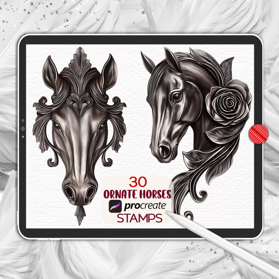 30 Ornate Horse Head Procreate Stamps: Rococo, Victorian Floral Animal ...