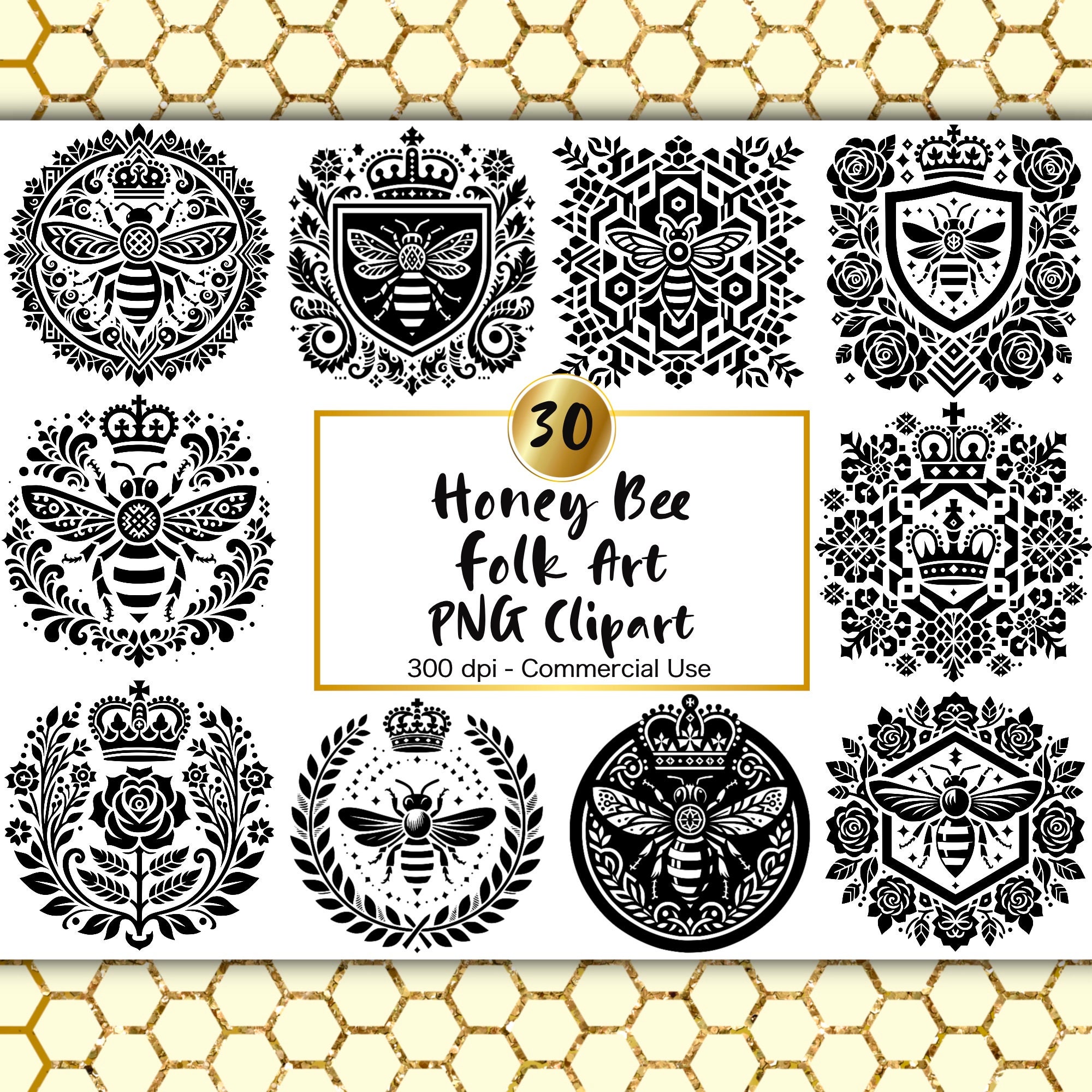 30 Honey Bee Folk Art Clipart: Vintage Royal Bee Silhouettes (PNG ...