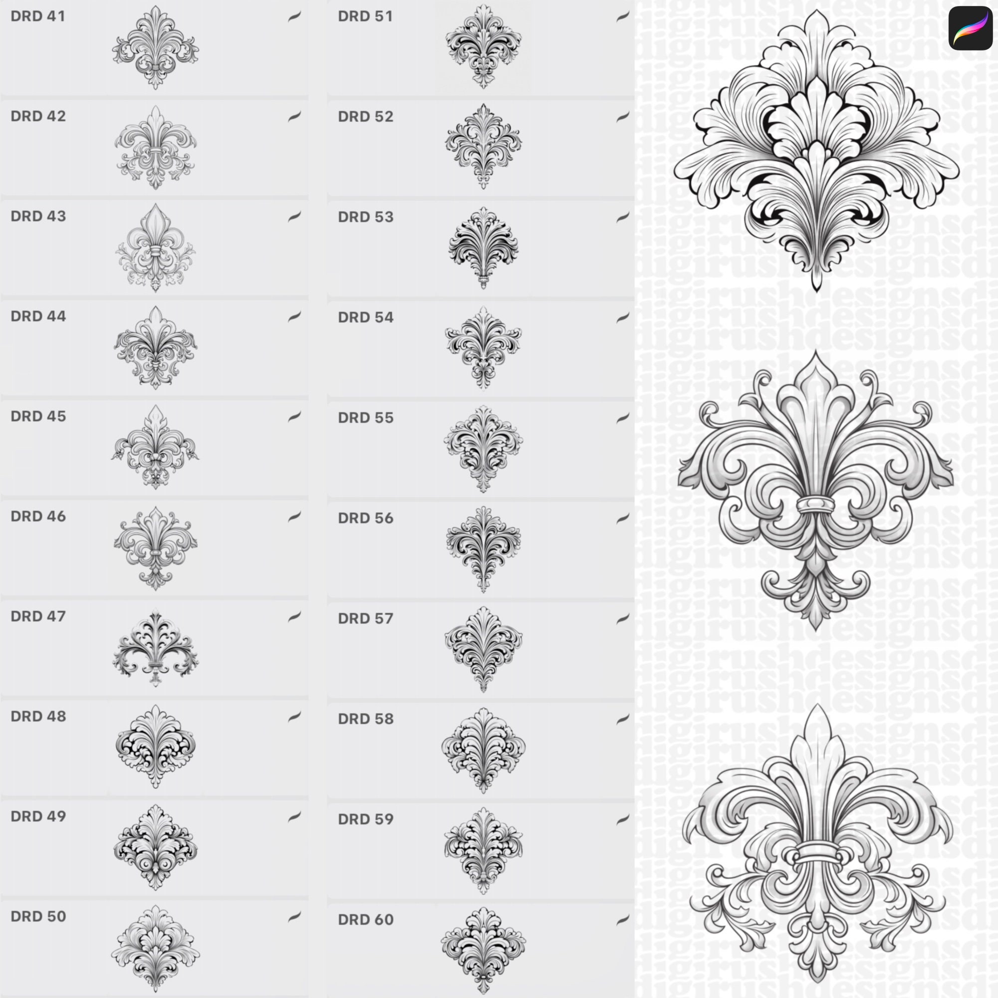Rococo Ornamental Procreate Stamps, Baroque Floral Brush, Renaissance ...