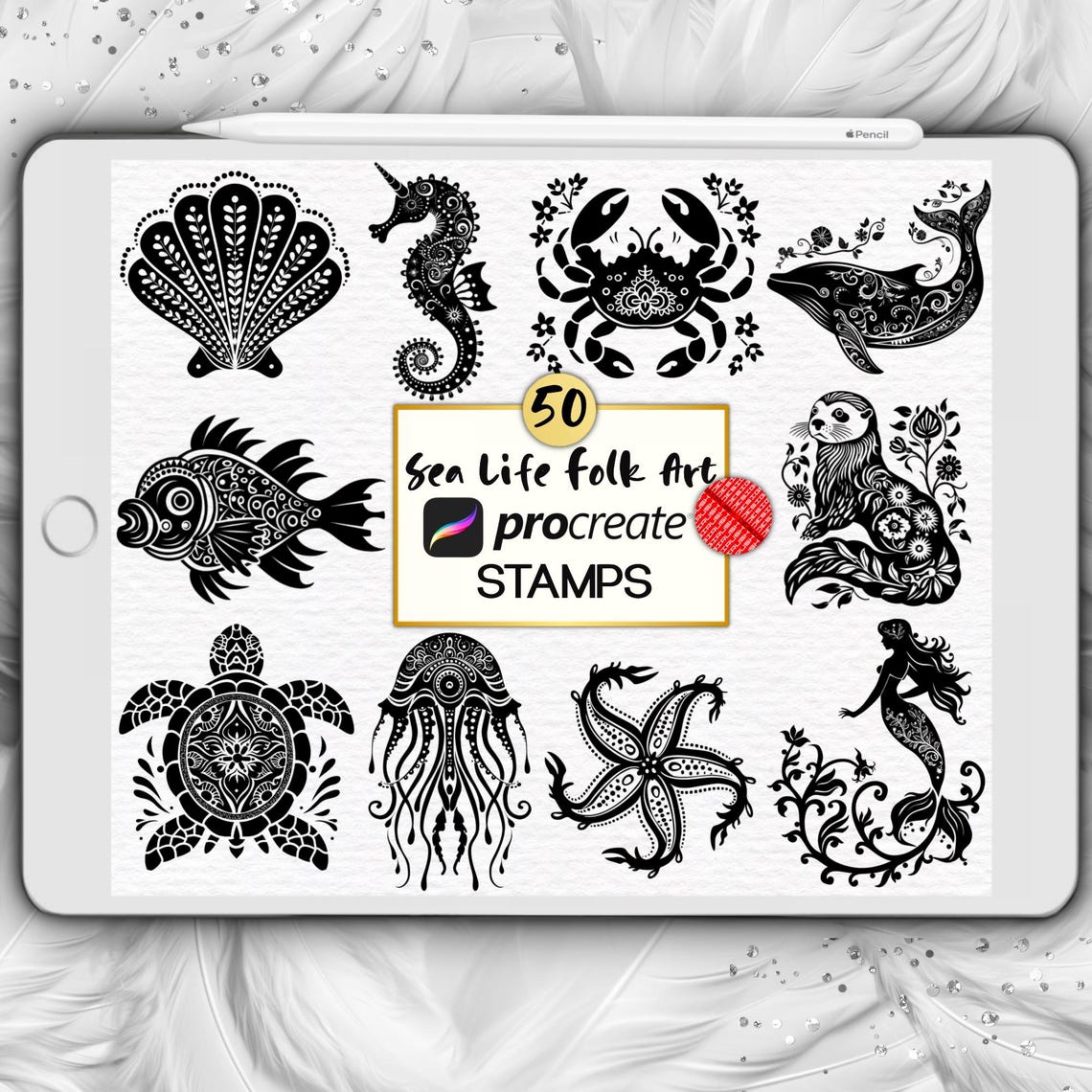 50 Scandinavian Folk Art Sea Life Procreate Stamps: Nordic Marine Life ...