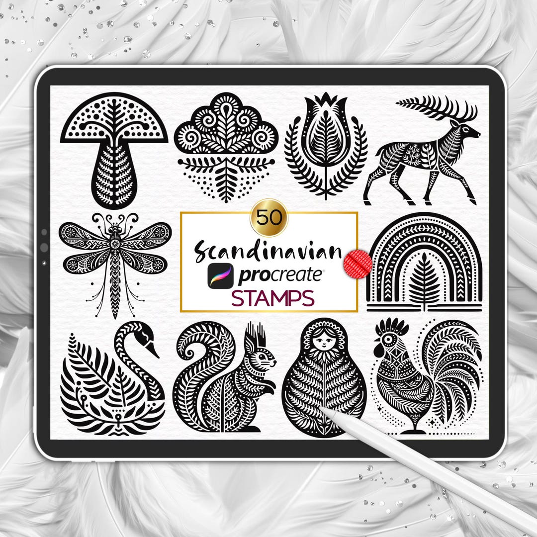 50 Scandinavian Folk Art Procreate Stamps: Nordic Animal & Flower ...