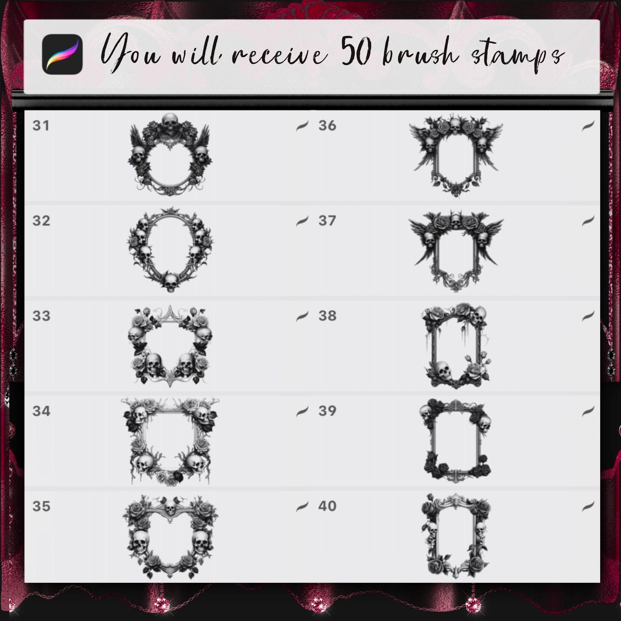 Procreate Gothic Baroque Frames Stamps, Gothic Skulls Brushes, Ornamental, Damask, Roses, Ornate ...