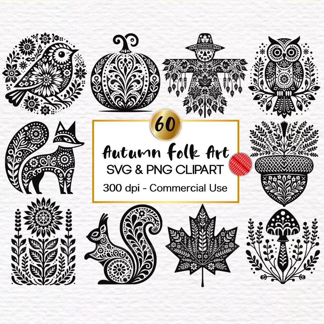 60 Autumn Folk Art SVG & PNG Clipart Bundle: Scandinavian Nordic ...