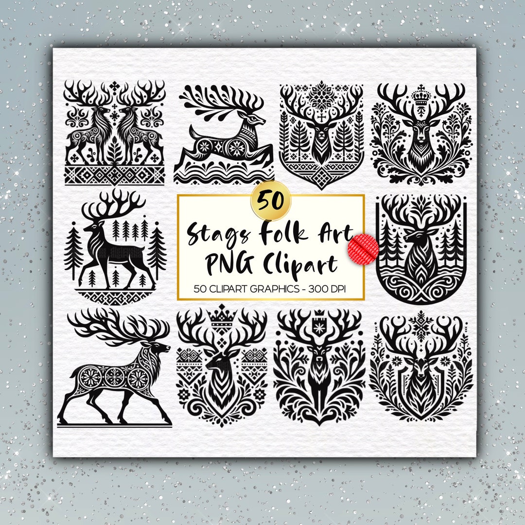 Scandinavian Folk Art Stags Clipart PNG Graphics - Nordic Animal ...