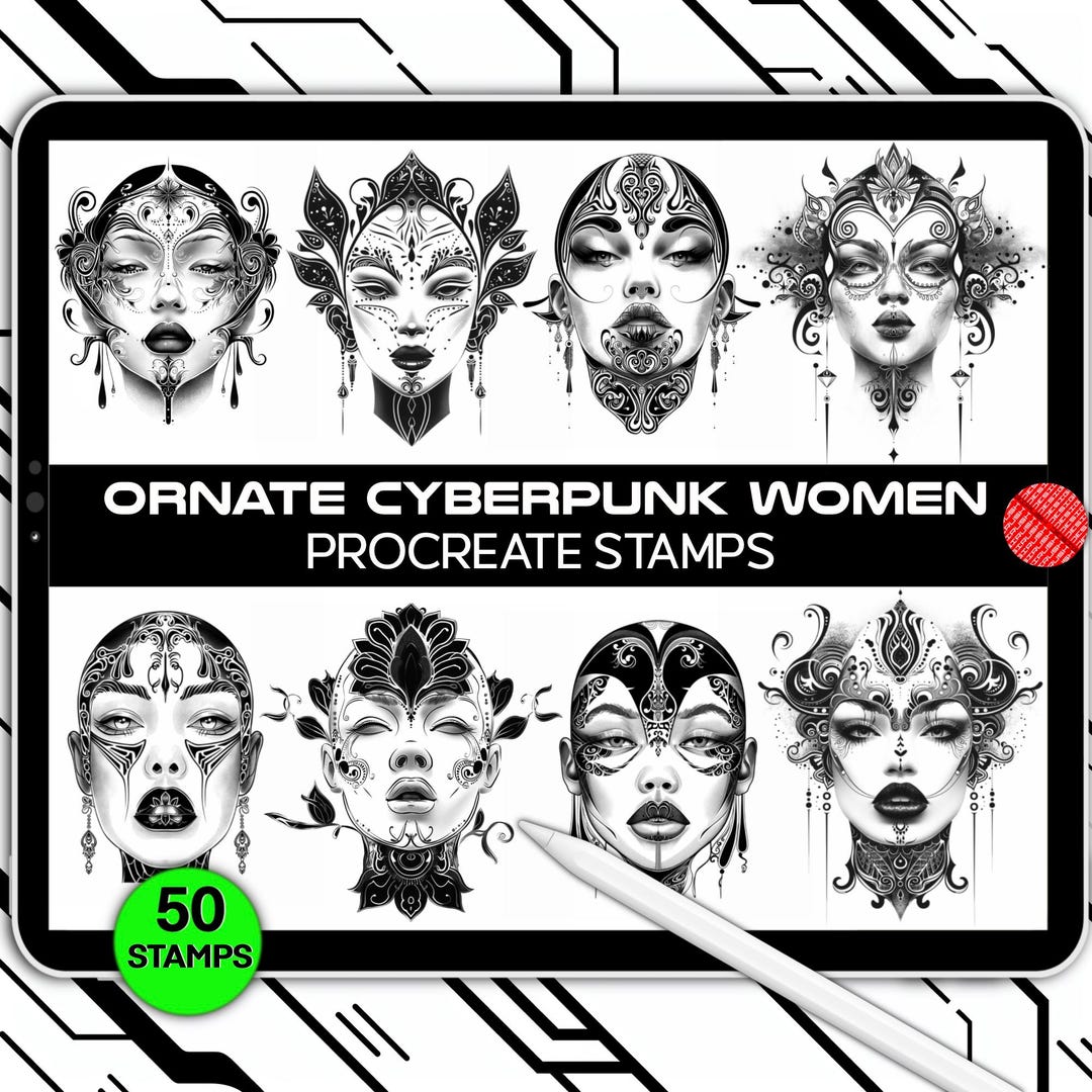 Cyberpunk Women Procreate Stamps | Ornate Sci-fi Futuristic Tattoo ...