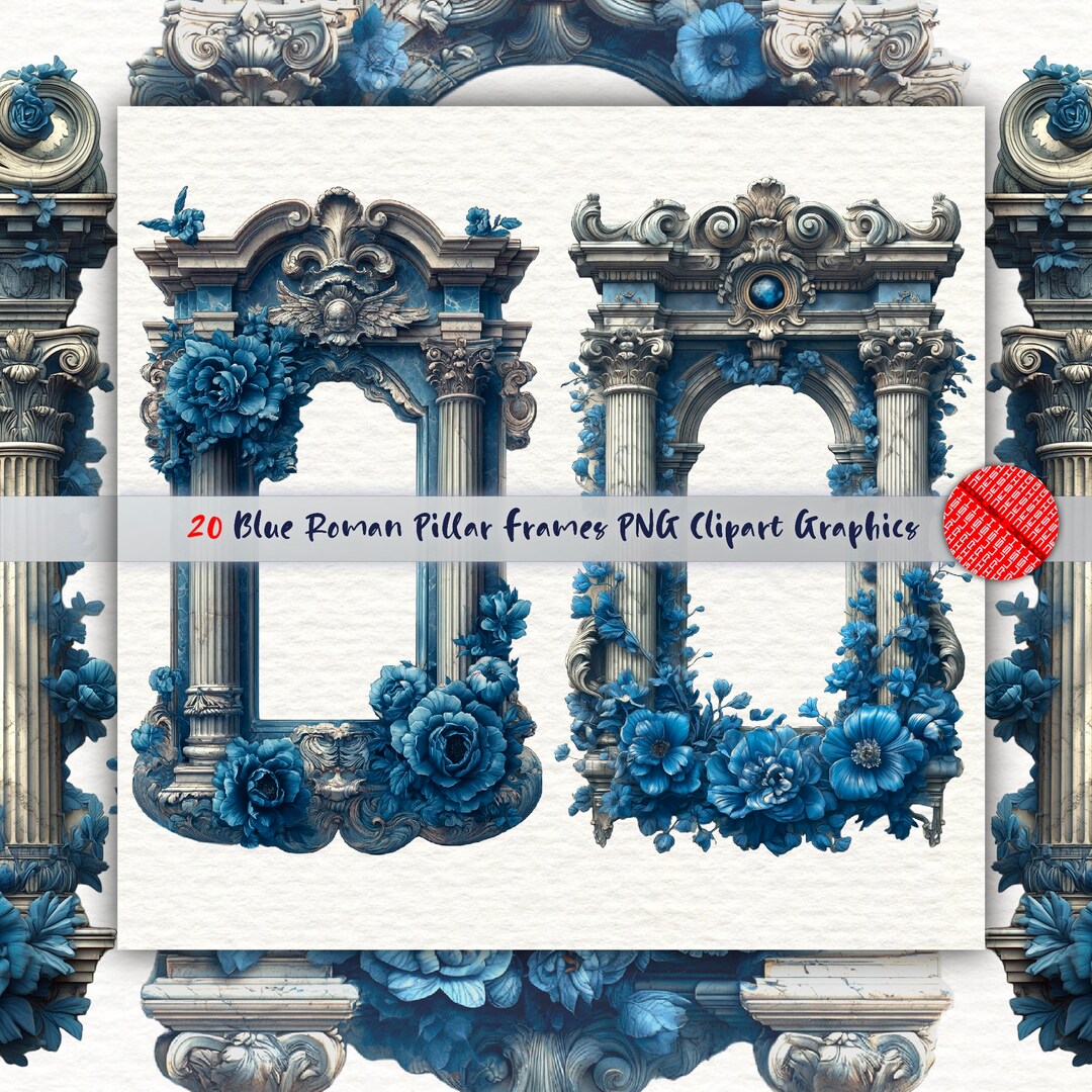 20 Blue Floral Pillar Frames Clipart: Baroque Wedding Invitation ...