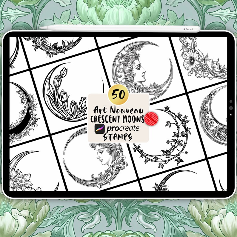 50 Art Nouveau Moon Procreate Stamps, Floral Art Deco (digital Download ...