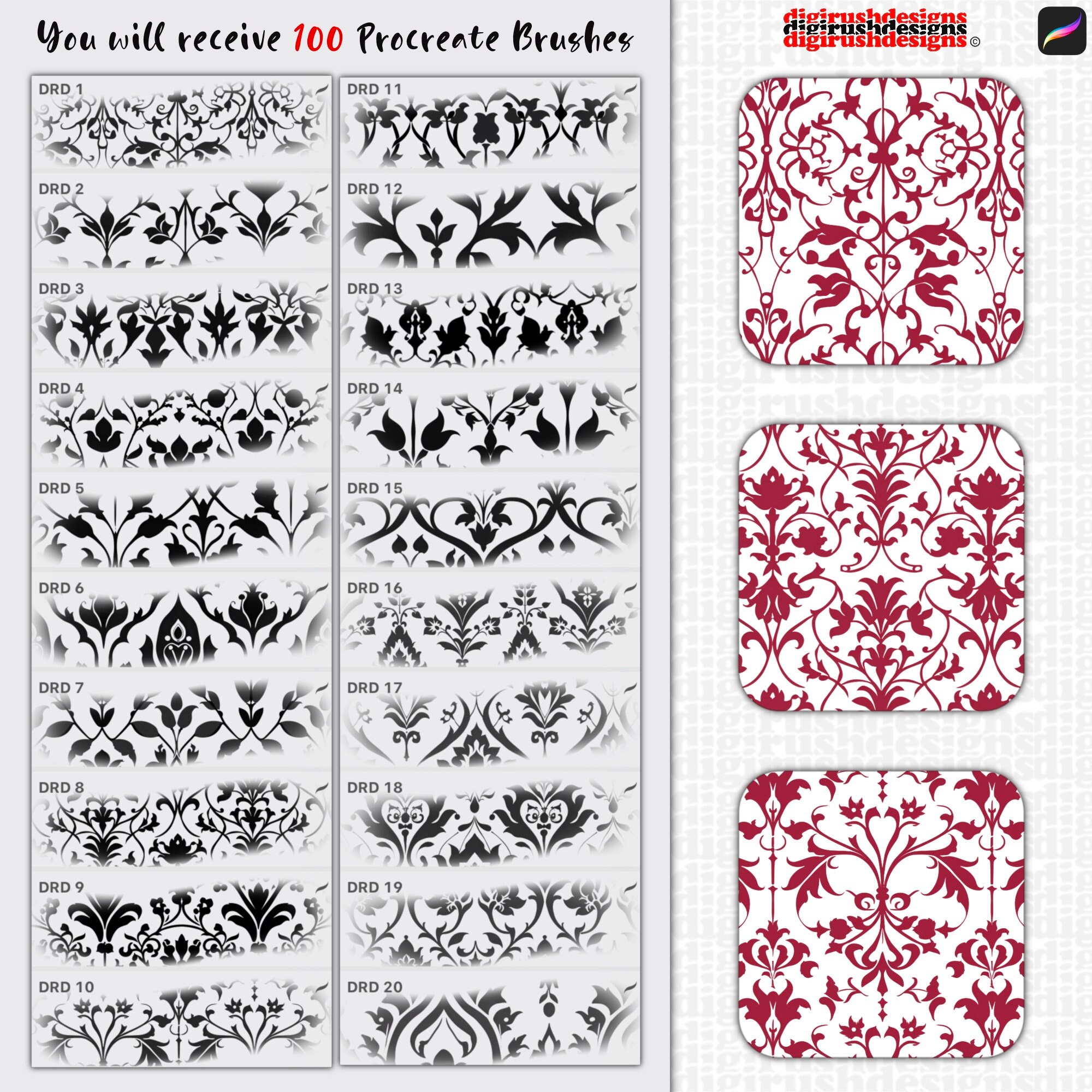 Medieval Floral Pattern Procreate Brushes, Seamless Vintage Flower ...