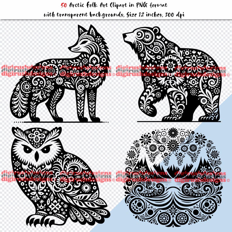 50 Nordic Folk Art Clipart: Arctic Animals PNG Overlays (digital ...