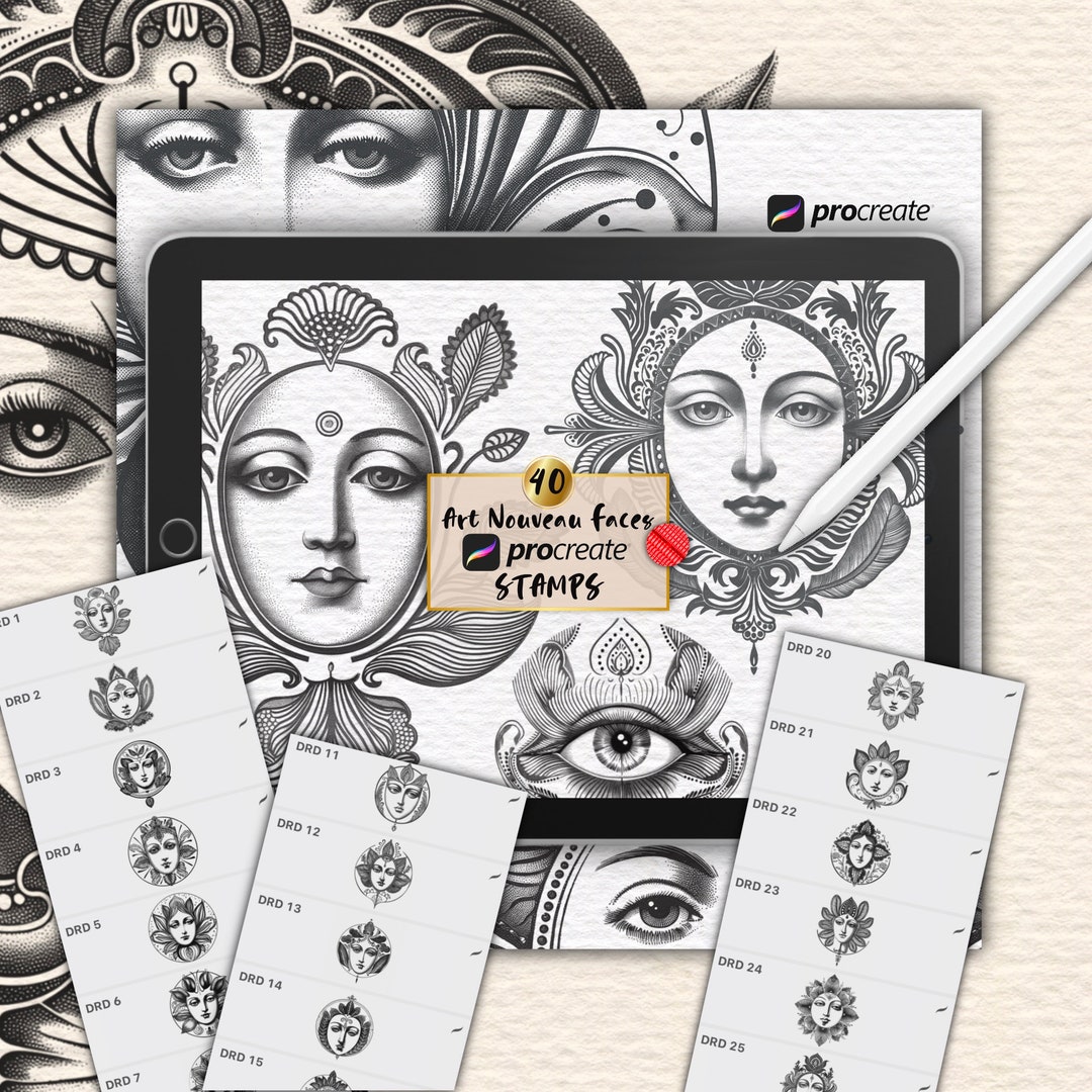 Art Nouveau Faces Procreate Stamps Elegant Floral Women Digital Brushes ...