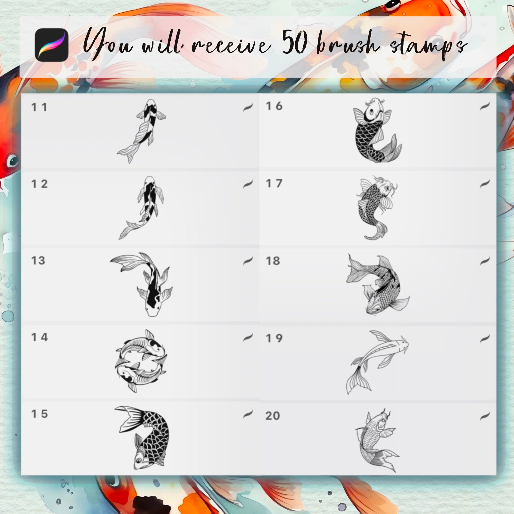 Koi Fish Procreate Stamps, Japanese Carp Fish Tattoo Stamps, Line Art ...