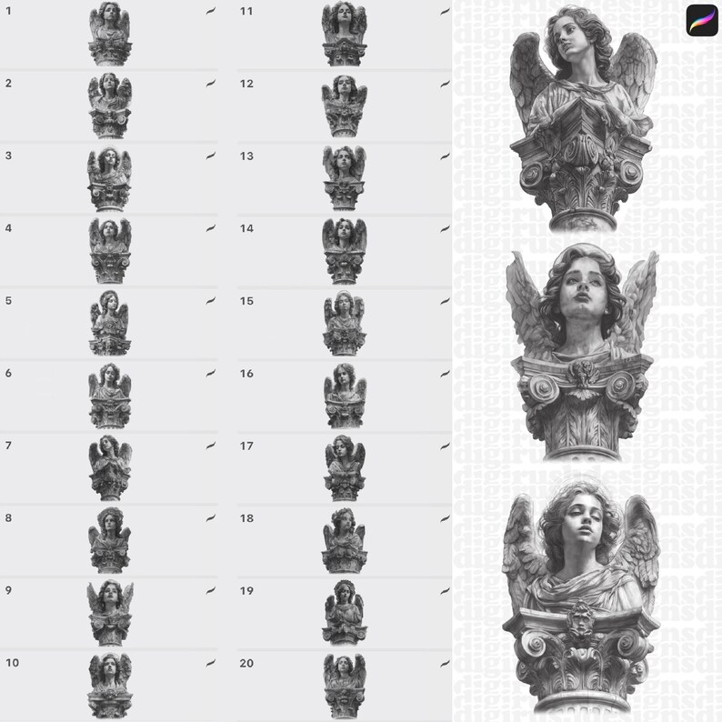 50 Baroque Angels Procreate Stamps - Highly Detailed Angel Sculptures ...