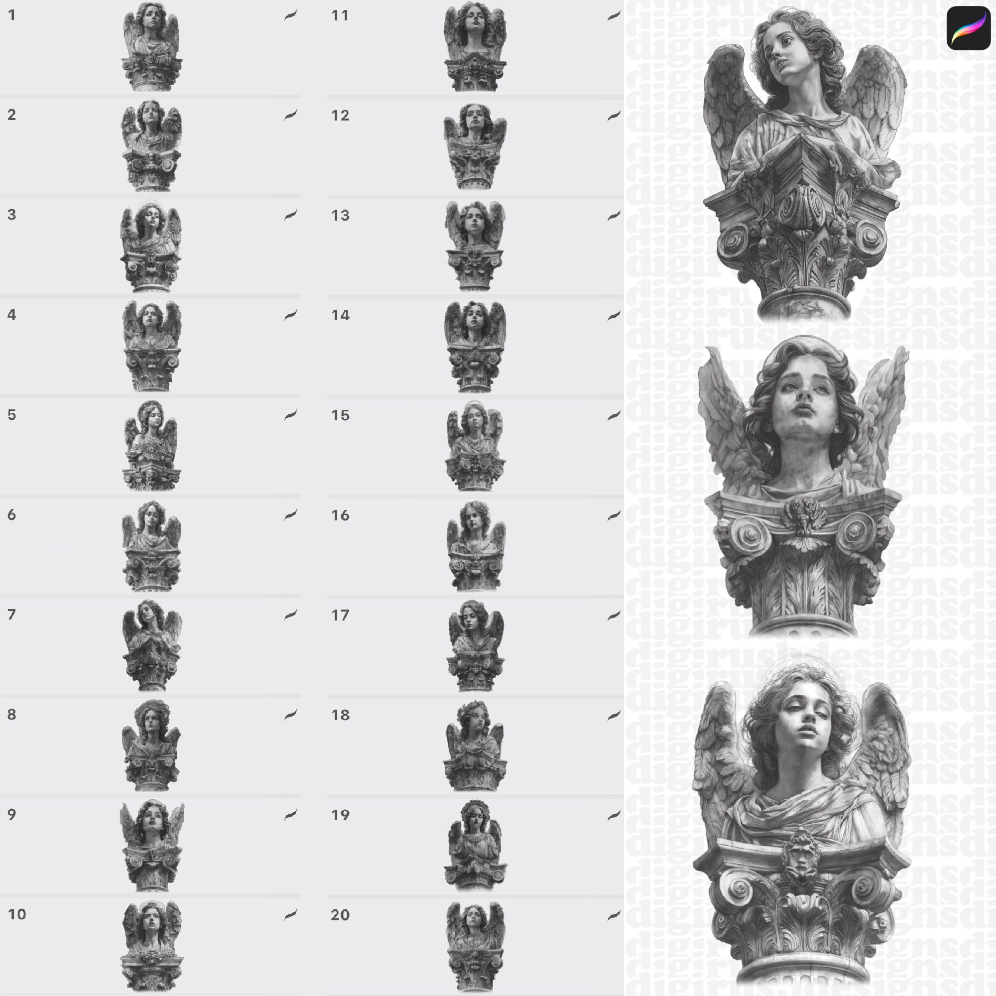 50 Baroque Angels Procreate Stamps - Highly Detailed Angel Sculptures ...