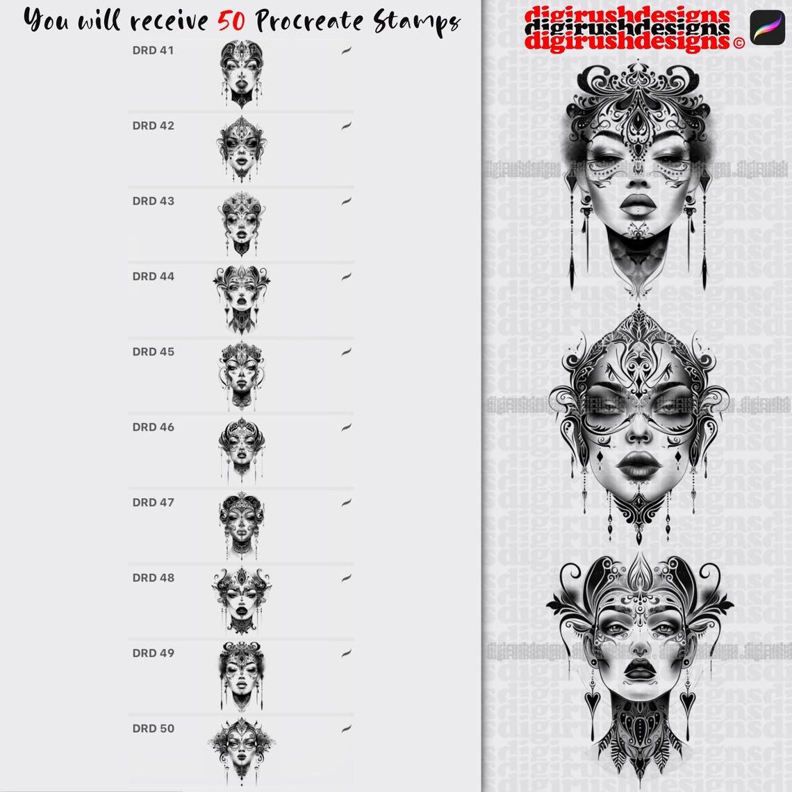 Cyberpunk Women Procreate Stamps | Ornate Sci-fi Futuristic Tattoo ...