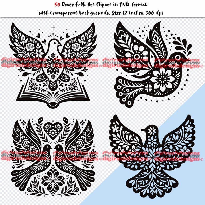 50 Dove Folk Art Clipart: Scandinavian Bird of Peace (PNG Digital ...