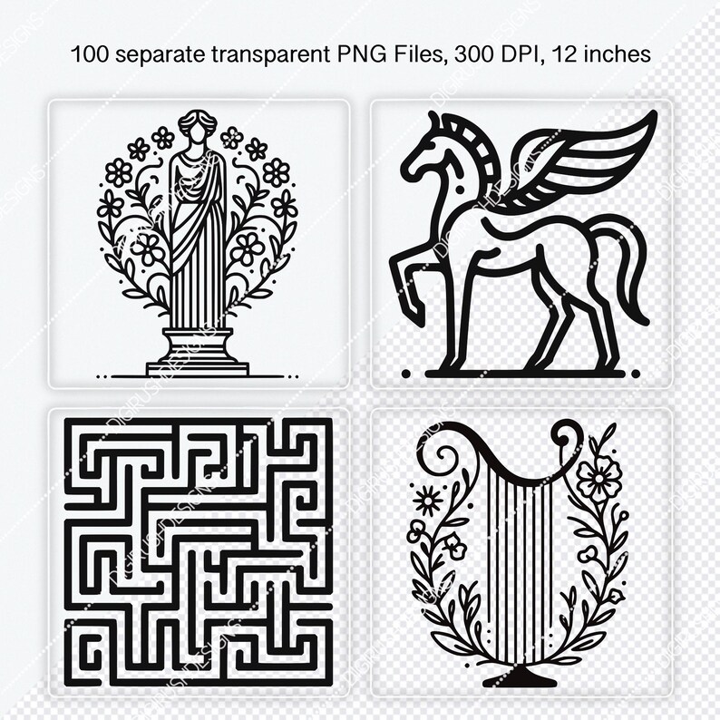 100 Greek Doodles Clipart Bundle: Ancient Symbol Line Art PNG Overlays ...