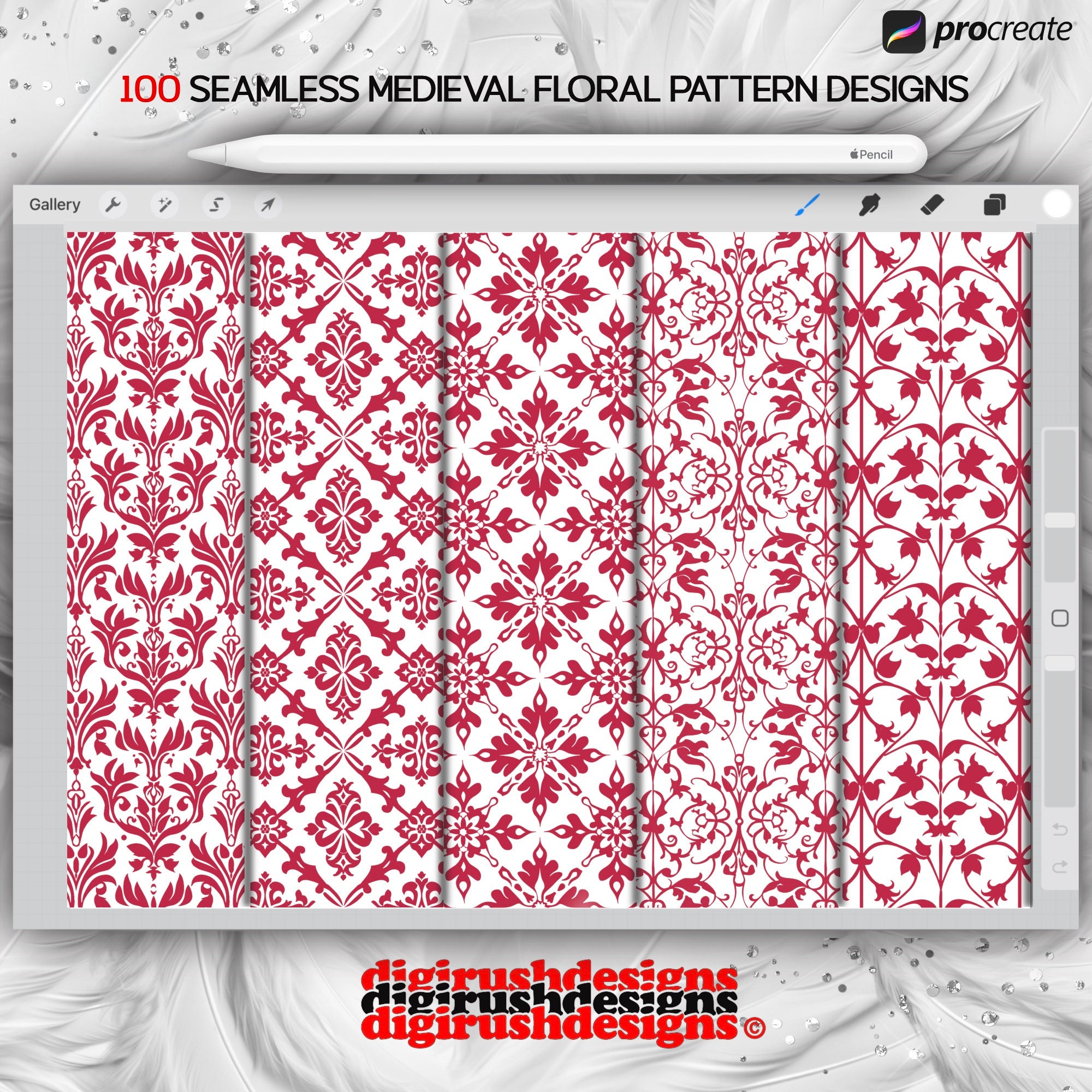 Medieval Floral Pattern Procreate Brushes, Seamless Vintage Flower ...