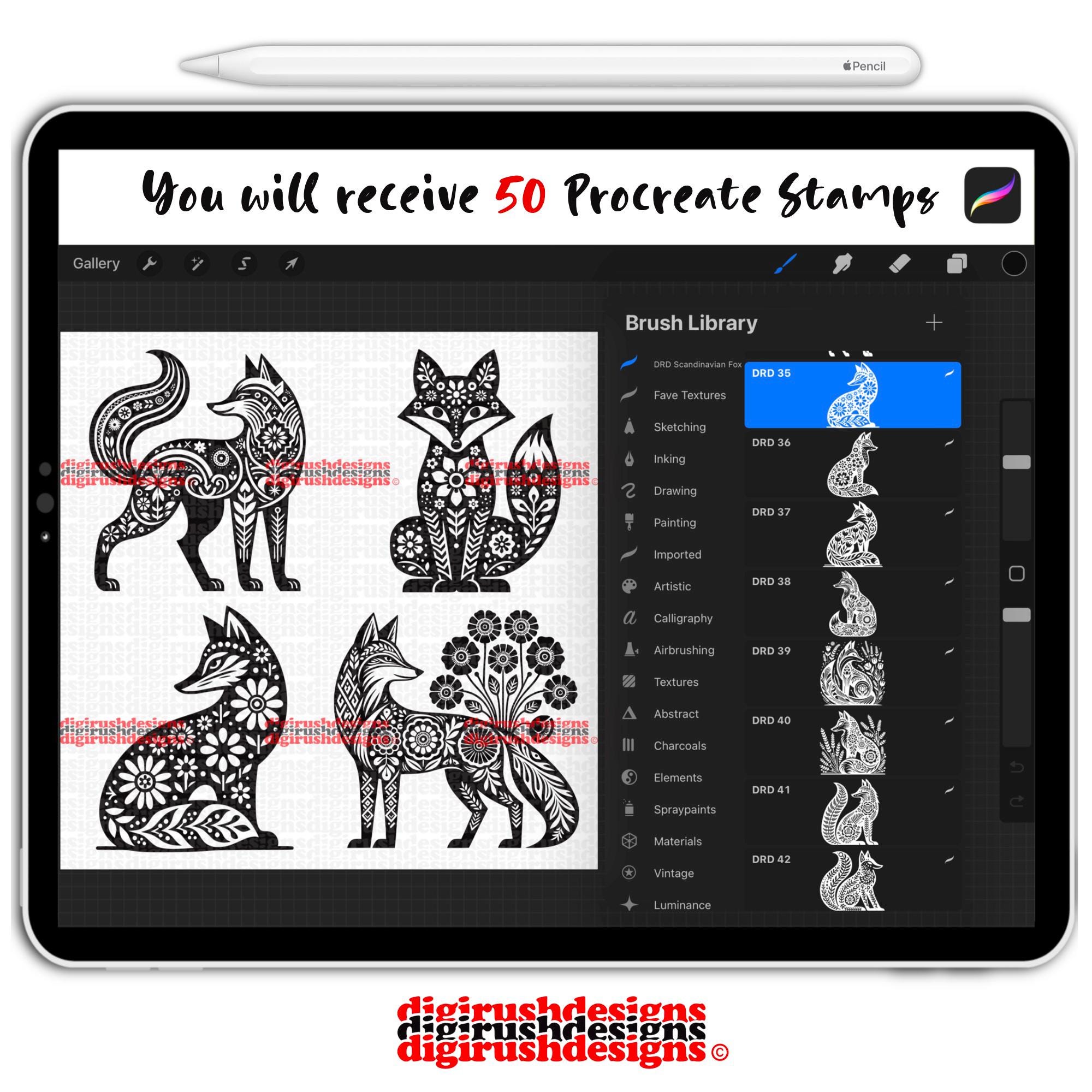 Scandinavian Fox Folk Art Procreate Stamps Swedish Foxes Nordic Animal ...