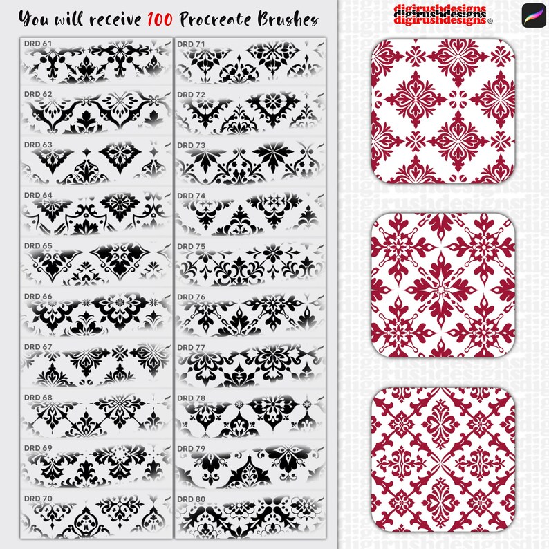 Medieval Floral Pattern Procreate Brushes, Seamless Vintage Flower ...