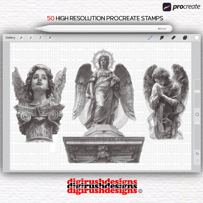 50 Baroque Angels Procreate Stamps - Highly Detailed Angel Sculptures ...