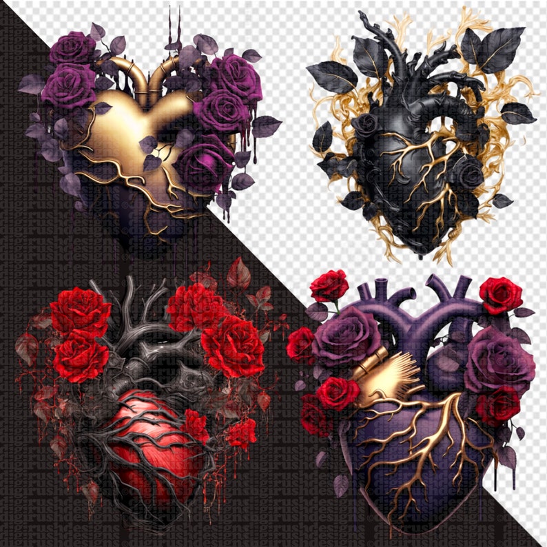 Gothic Floral Hearts Clipart Digital Download Valentine Hearts ...