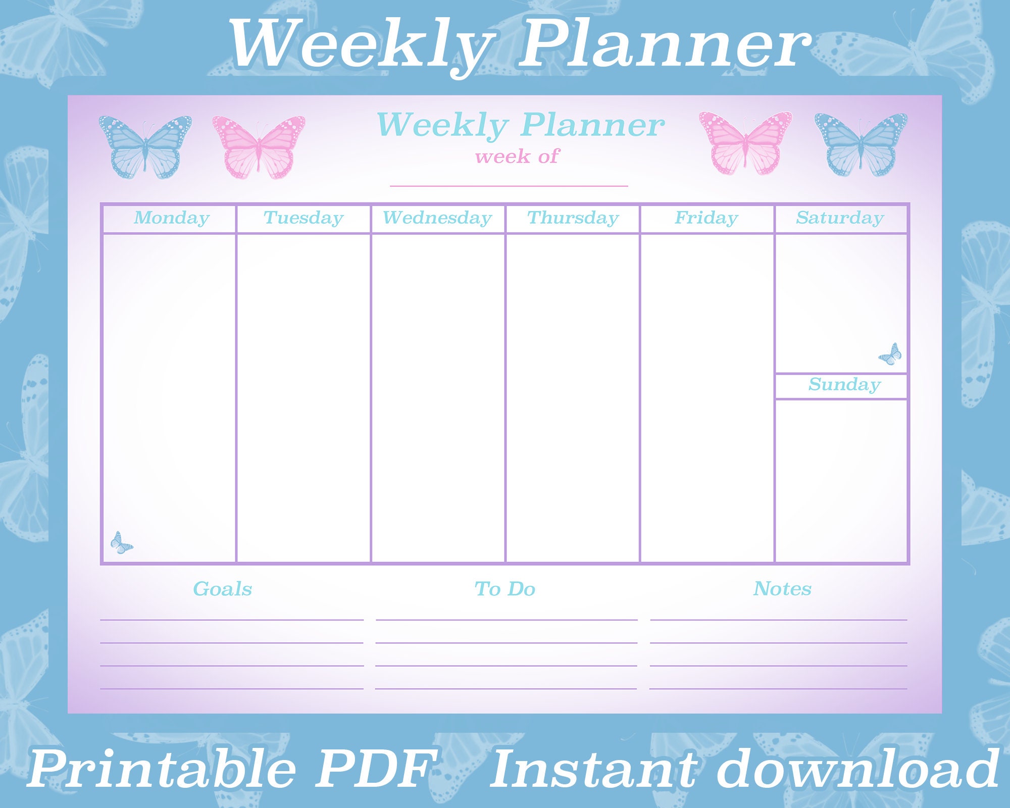 Butterfly Weekly Planner Printable, Weekly to Do List, Desk Planner ...