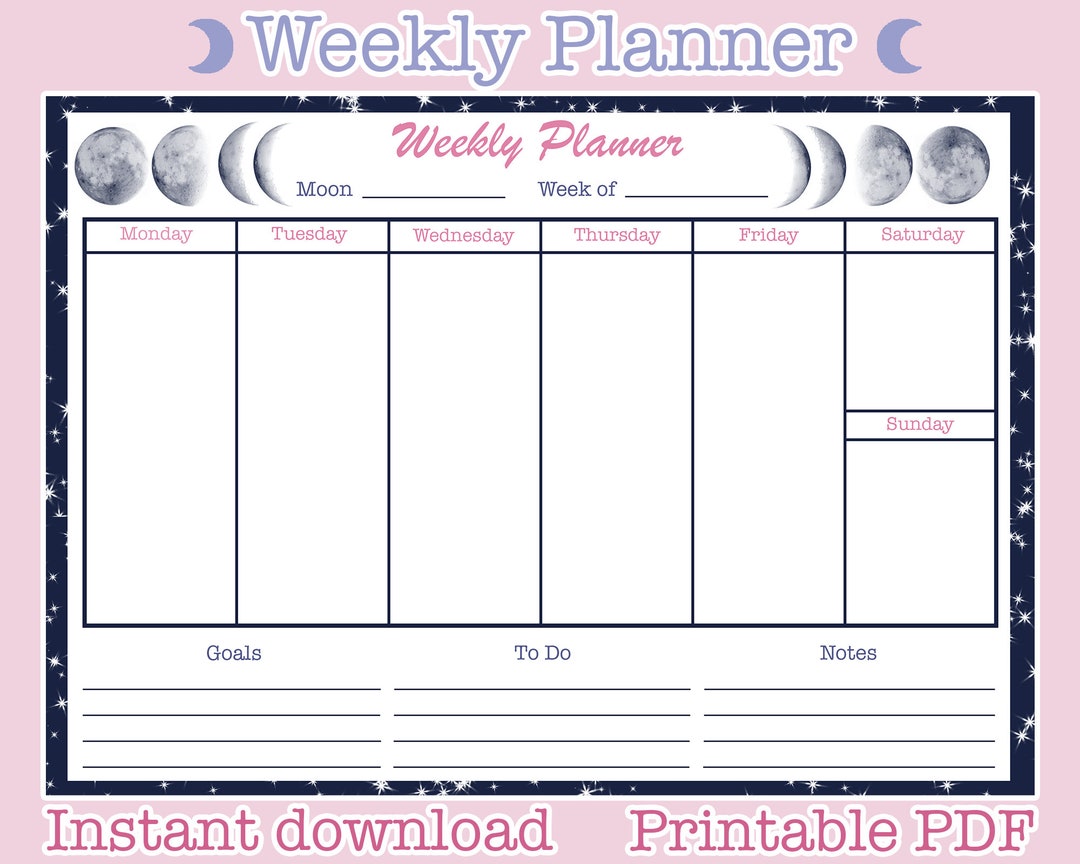 Moon Weekly Planner Printable, Weekly to Do List, Desk Planner, Weekly ...