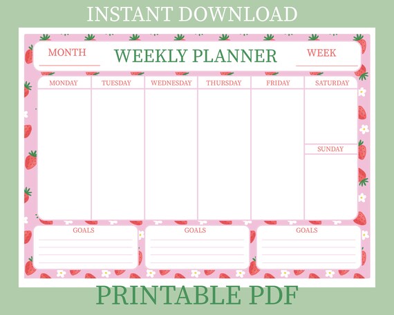 Strawberry Weekly Planner Printable Weekly to Do List School | Etsy