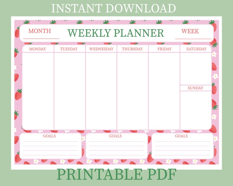 Strawberry Weekly Planner Printable, Weekly to Do List, School Desk ...