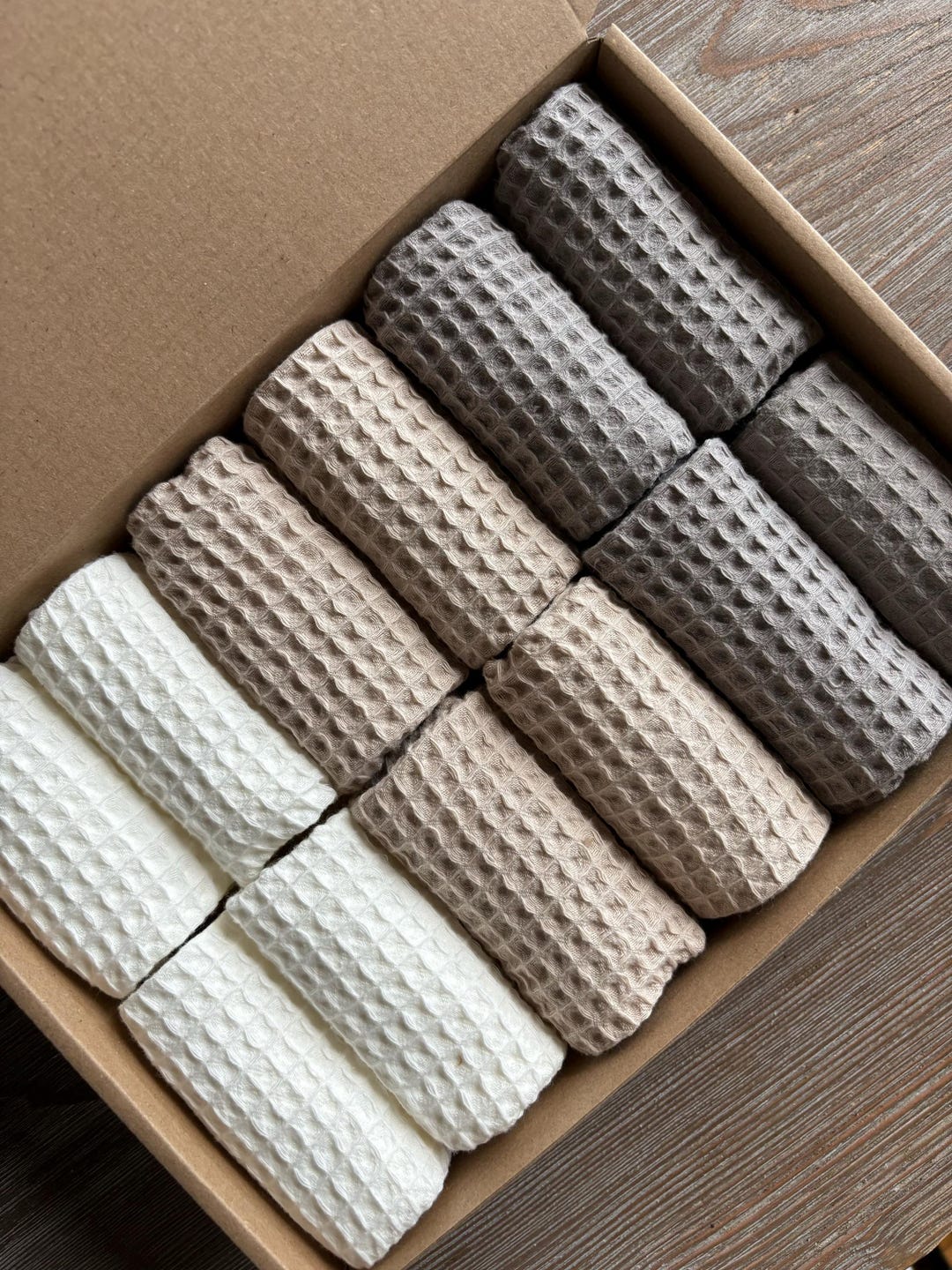 Set of 12 Cotton Fingertip Towels, Beige Waffle Weave, Soft Absorbent ...