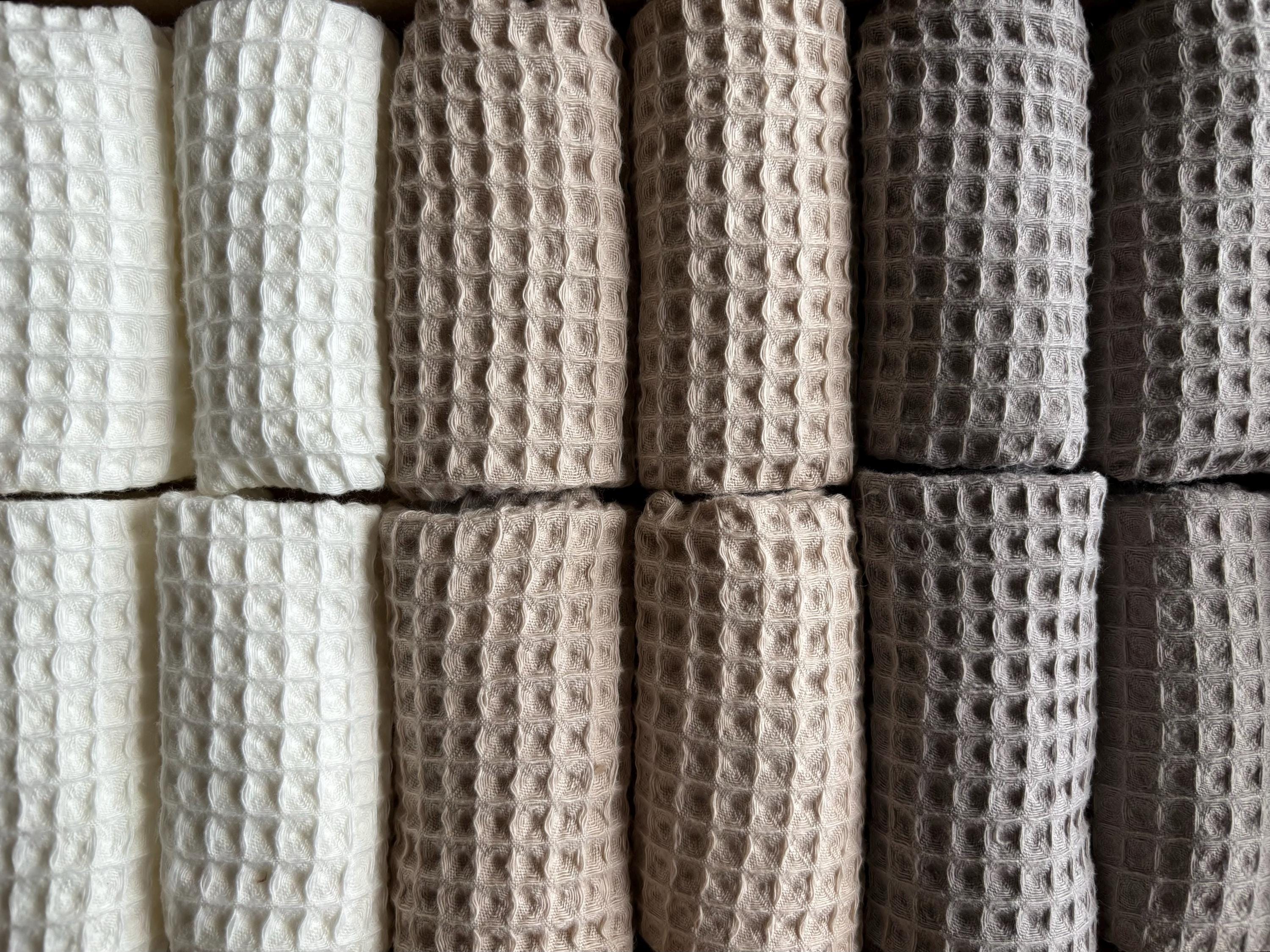 Set of 12 Cotton Fingertip Towels, Beige Waffle Weave, Soft Absorbent ...