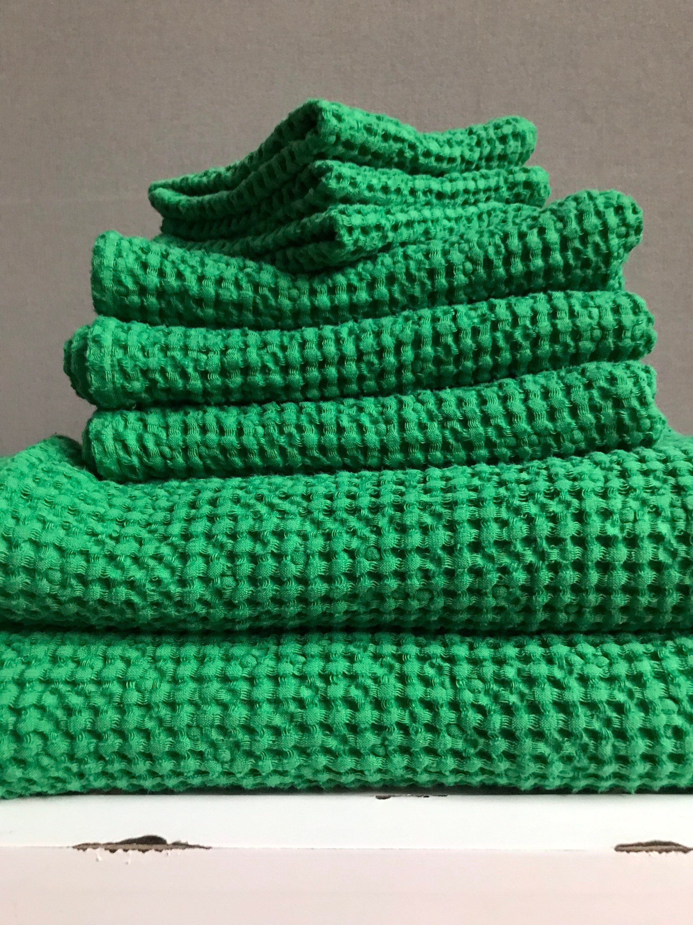 Emerald Green Mint Waffle Linen Bath Towels, Hand Guest Face Towel ...