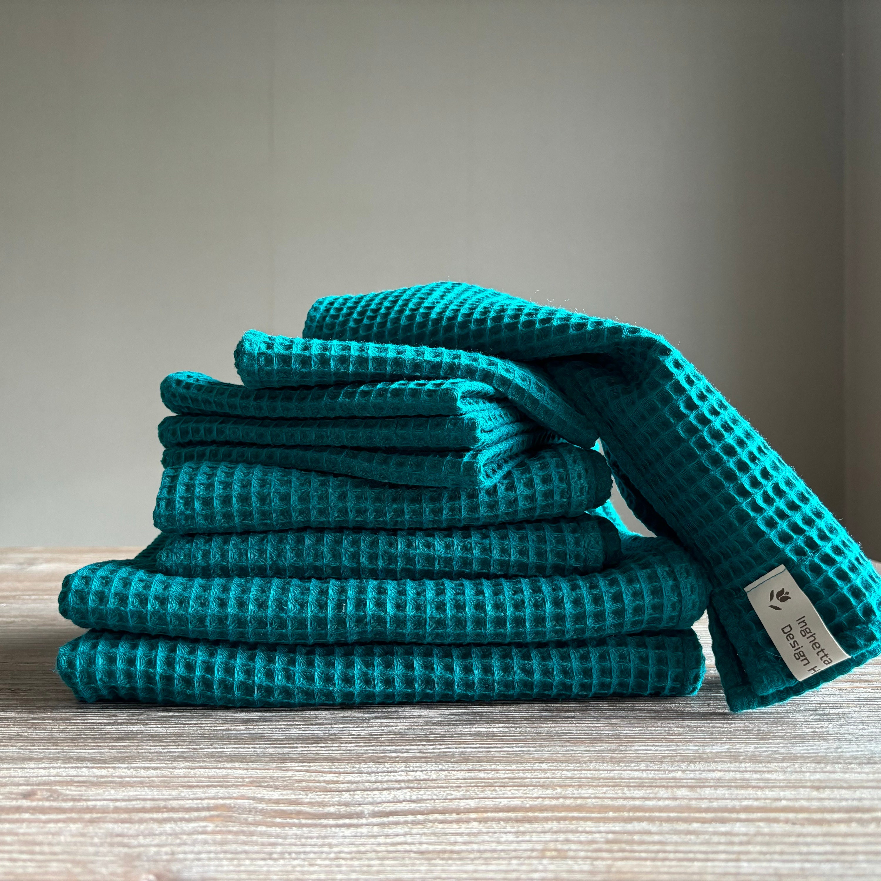 Cotton Waffle Weave Tea Towels, Teal Color, Kitchen Hand Towels ...