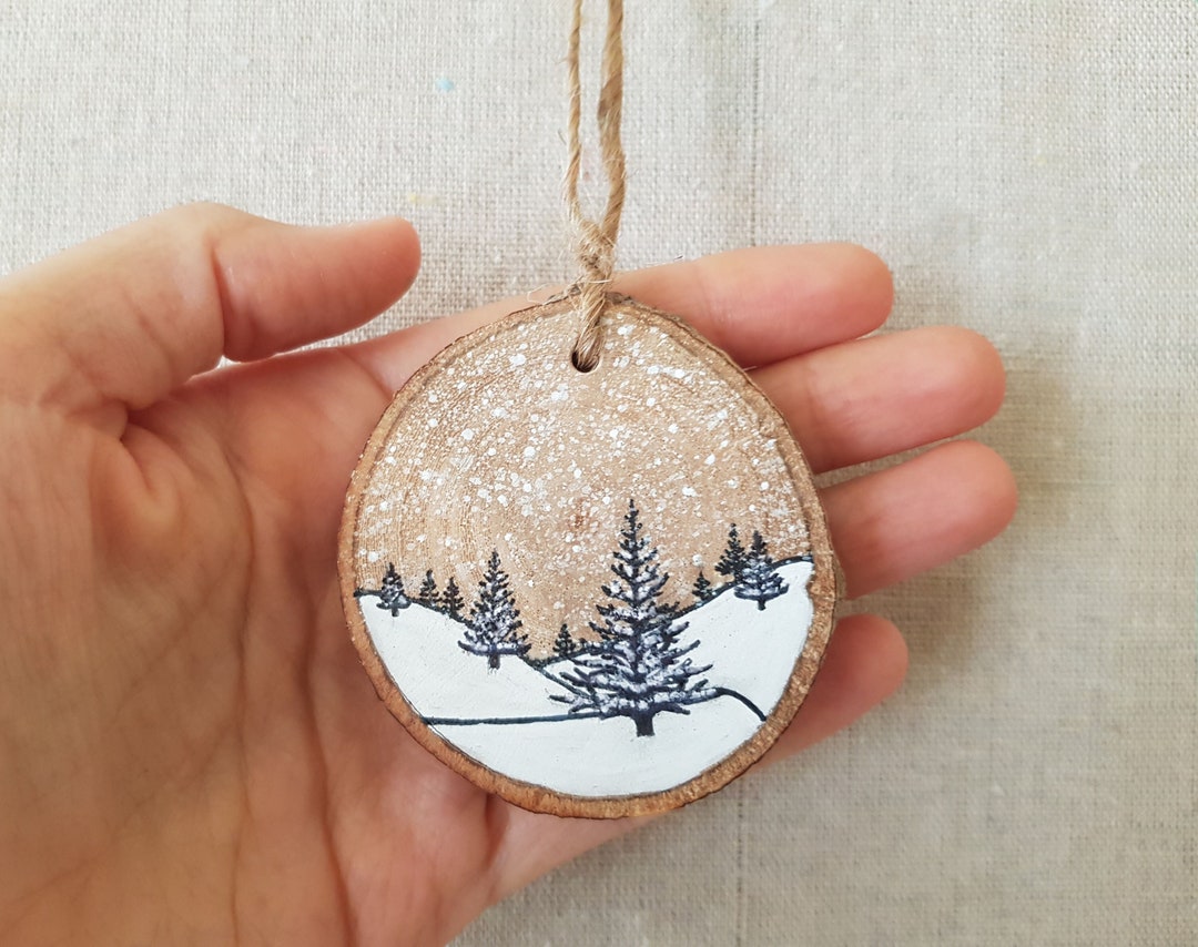 Snow Forest Wood Slice Painting / Handmade / Christmas Ornament / Decor ...