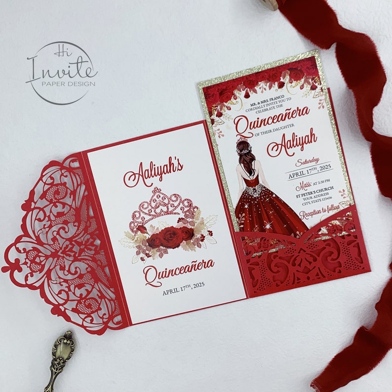 Romantic Red Laser Cut Floral Mis XV Años Tri-fold Invitation - Etsy